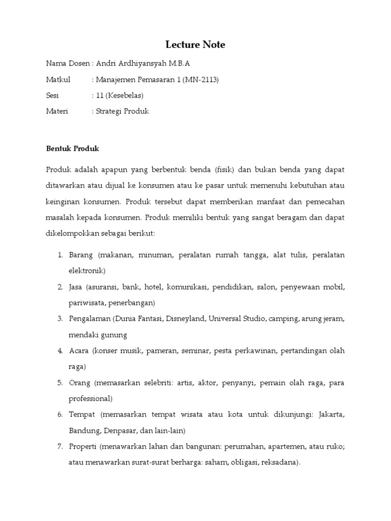 Lecture Note Strategi Produk (Sesi 11) | PDF