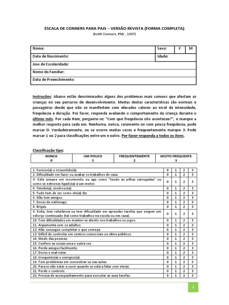 ESCALA CONNERS VERSÃO Completa Pais | PDF