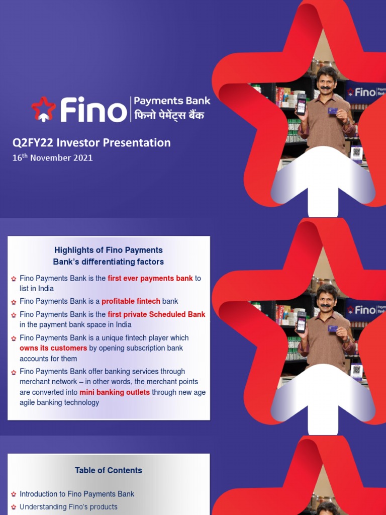 Fino Payments Bank Q2FY22 Investor Presentation | PDF | Banks | Cash