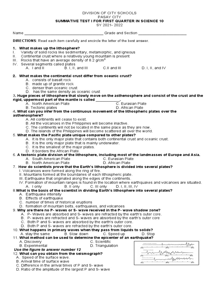 Q1 Summative-Test Science-10 | PDF | Plate Tectonics | Earthquakes