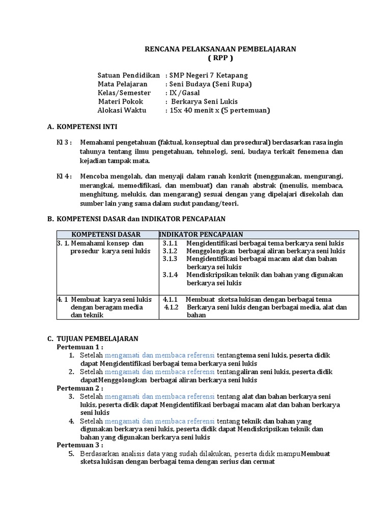 Contoh RPP Seni Budaya K9 BAB 1 Seni Lukis | PDF