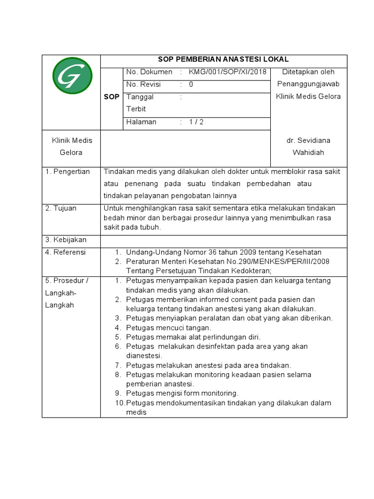 2.7.1.3 Sop Pemberian Anastesi Lokal | PDF
