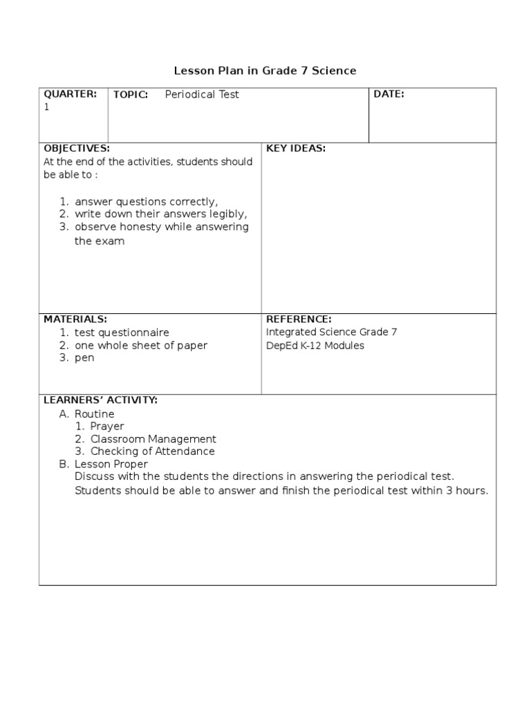 Grade 7 Science Periodical Test Plan | PDF