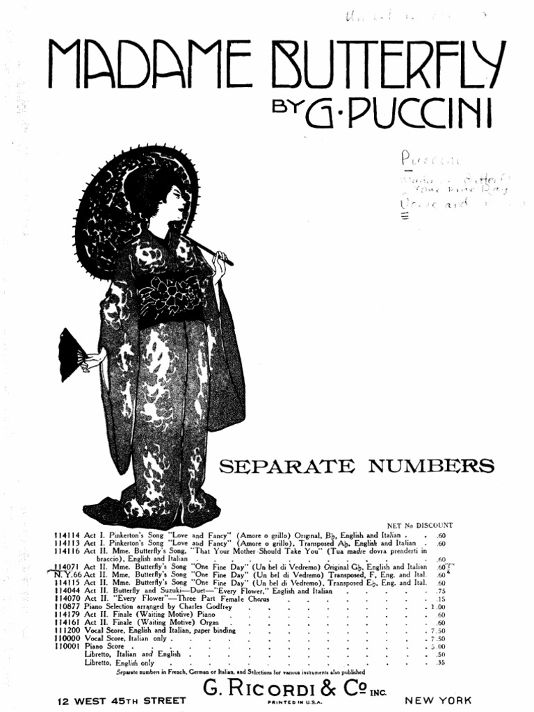 Puccini Giacomo Madama Butterfly Vocal Scores Aria Bel Vedremo Italian ...