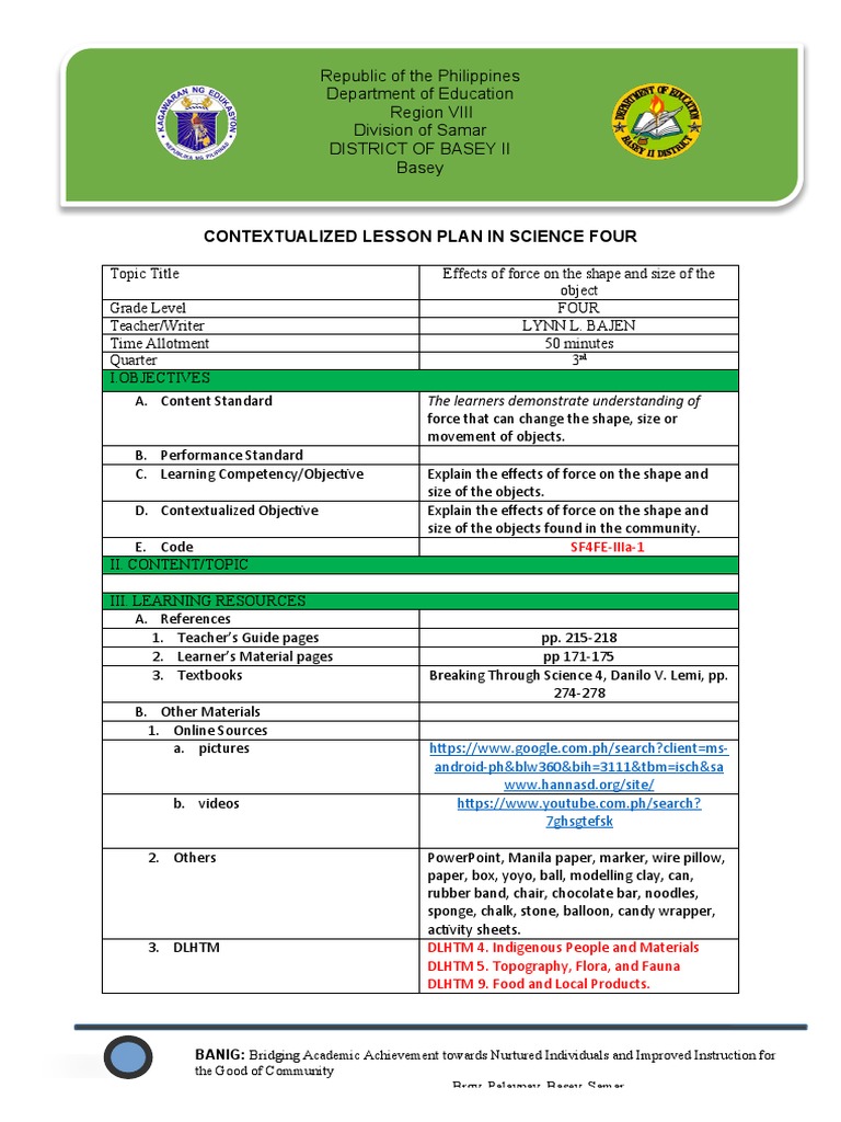 Contextualized Lesson Plan in Science | PDF | Force | Cognition