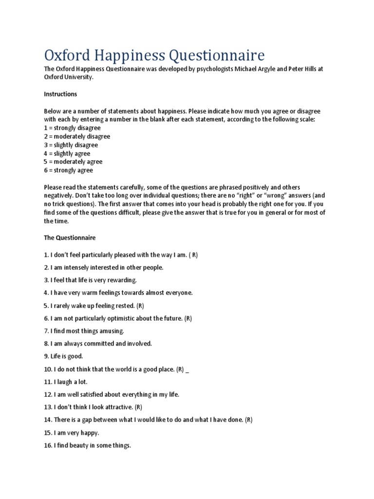 Oxford Happiness Questionnaire Guide | PDF | Questionnaire | Happiness