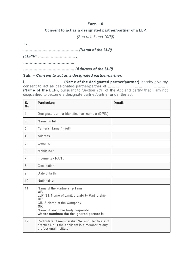 LLP Consent Form 9 and Subscribers Sheet | PDF | Limited Liability ...