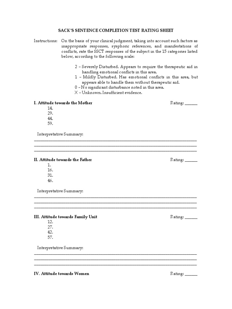 SSCT Rating Sheet | PDF | Attitude (Psychology) | Cognition