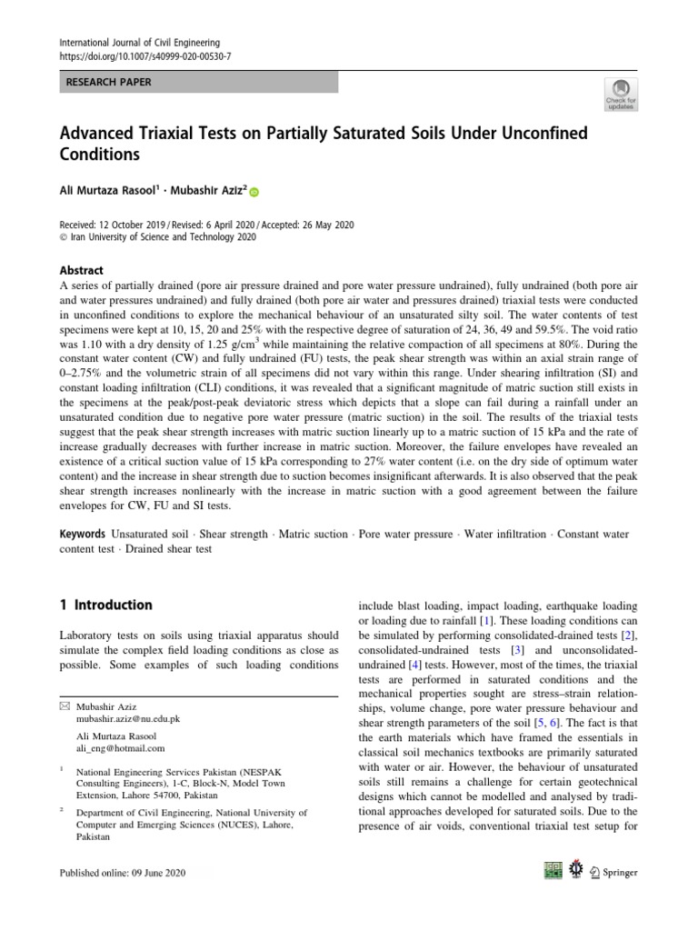 Advanced Triaxial Tests On Partially Saturated Soils Under Unconfined ...