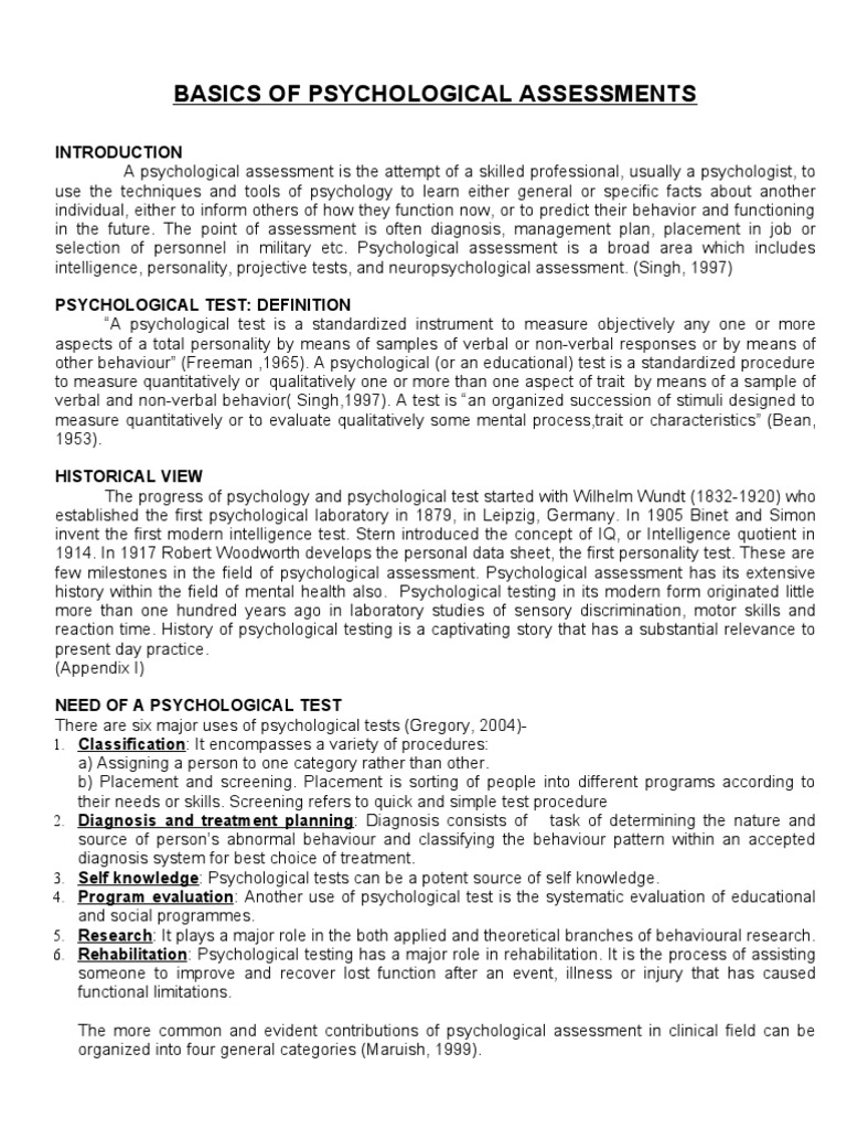 Basics of Psychological Assessments | PDF | Wechsler Adult Intelligence Scale | Psychological ...