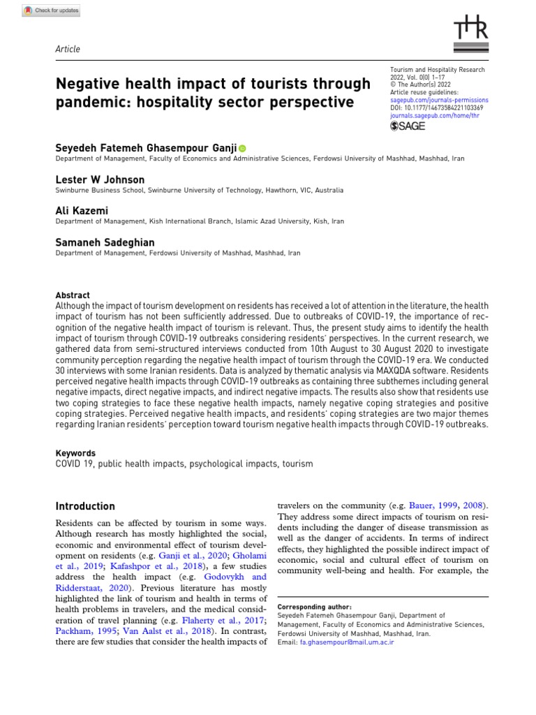 Negative Health Impact of Tourists Through Pandemic Hospitality Sector ... Negative Health Impact of Tourists Through Pandemic Hospitality Sector ...