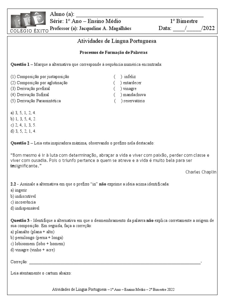 Atividades de Língua Portuguesa - 1º Ano - Ensino Médio - Jacqueline ...