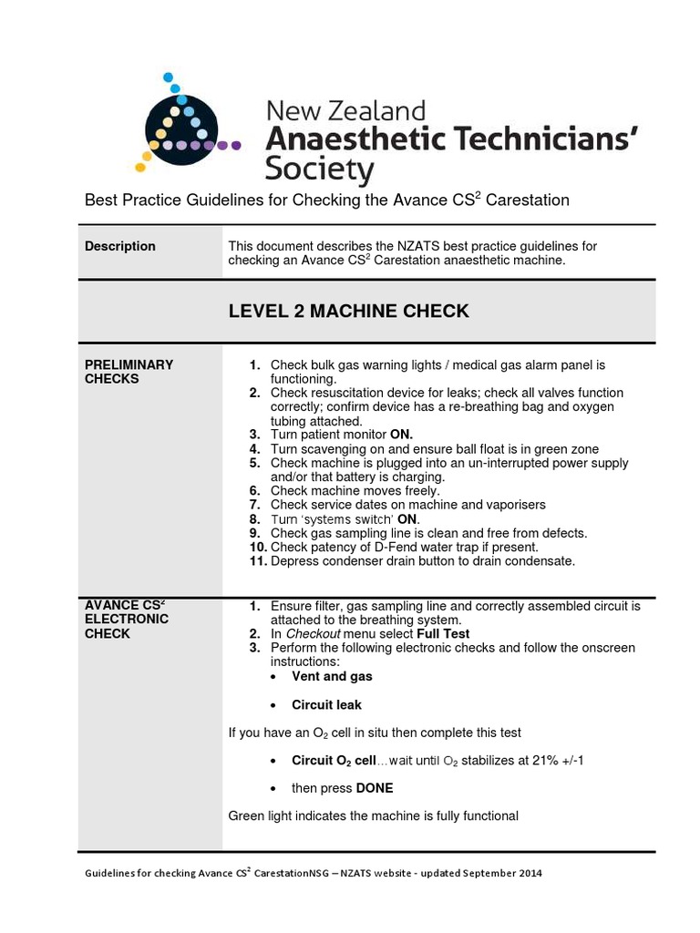 NZATS Guidelines For Checking Avance CS2 Carestation3 | PDF | Nitrous ...