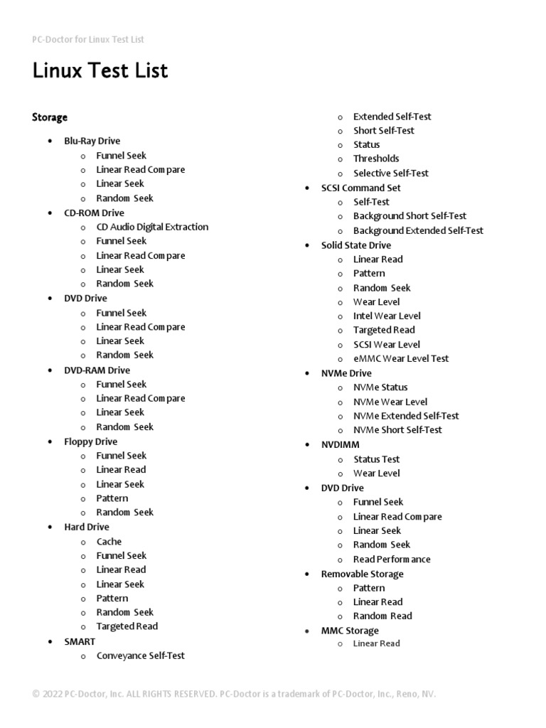 PC-Doctor Linux Test List | PDF | Network Interface Controller | Usb