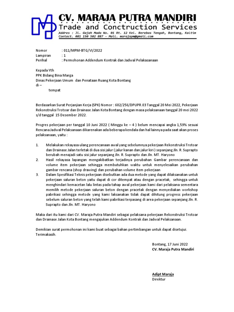 Permohonan Addendum Kontrak Pekerjaan | PDF