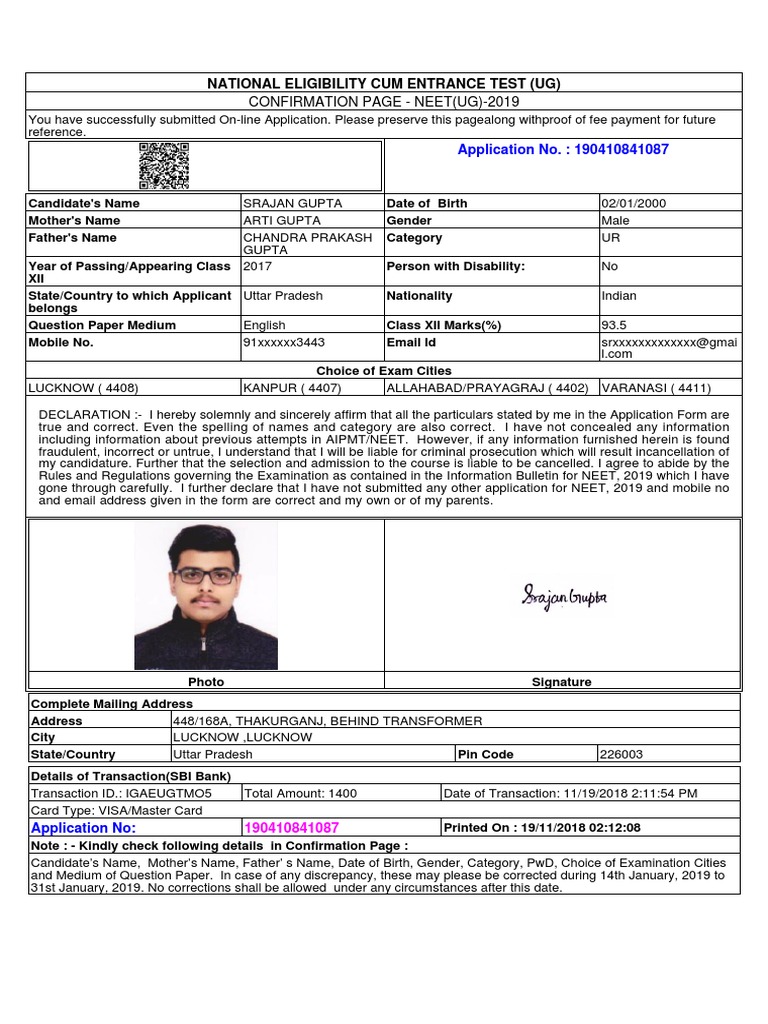 Aspiring Medical Student's NEET Confirmation Page | PDF