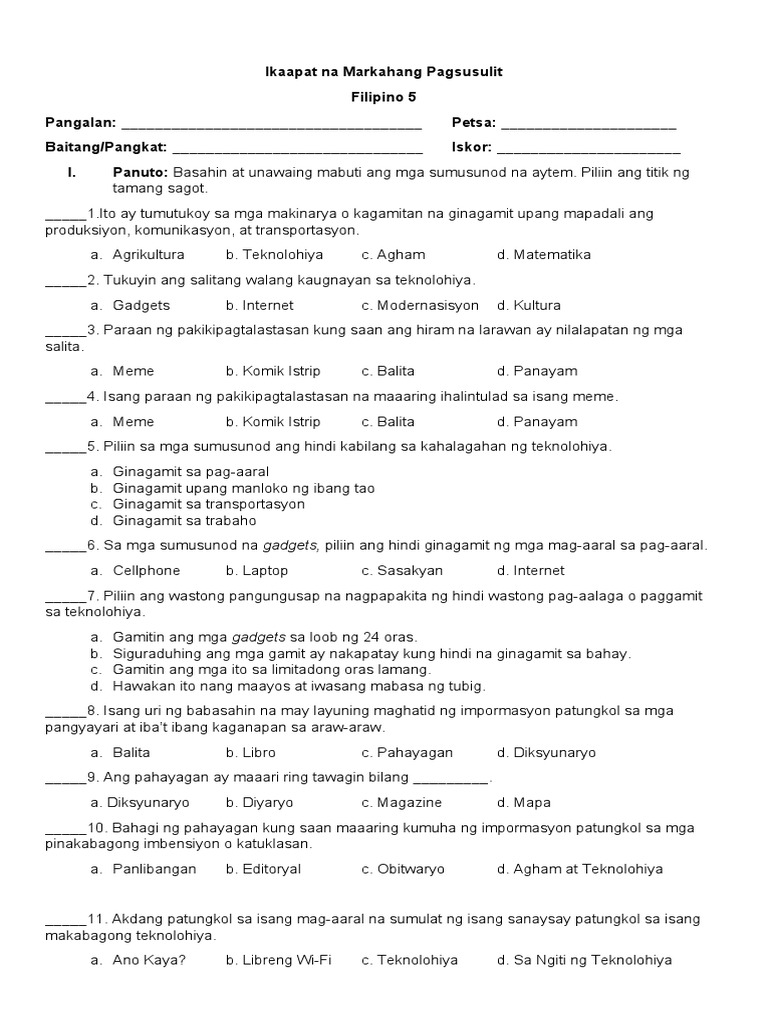Grade 5 Exam (Filipino) | PDF