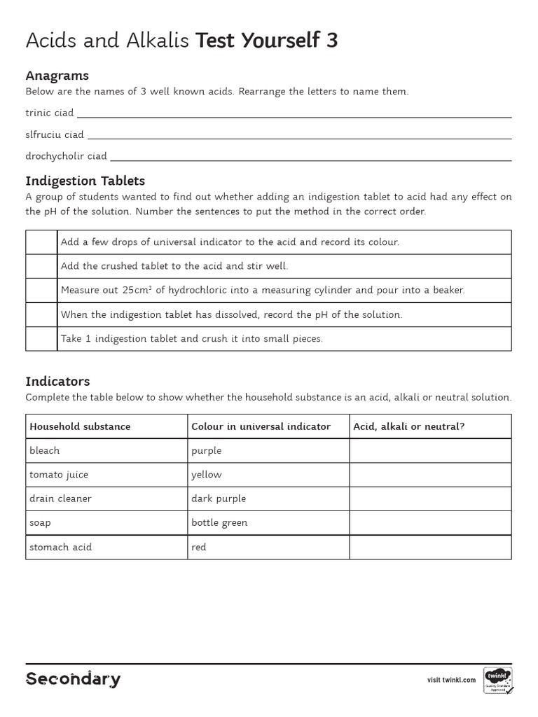 Acids and Alkalis Test Yourself 3 | PDF | Acid | Ph