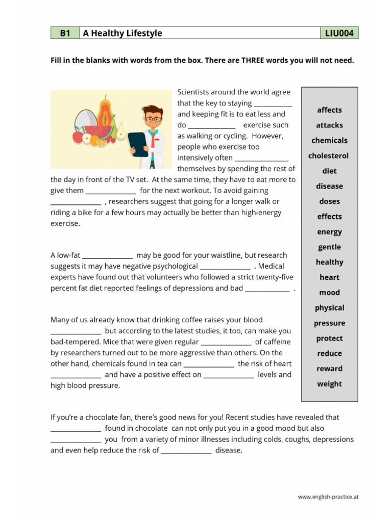A Healthy Lifestyle - PDF Vocabulary Worksheet - B1 - LIU004 - Liu004 ...