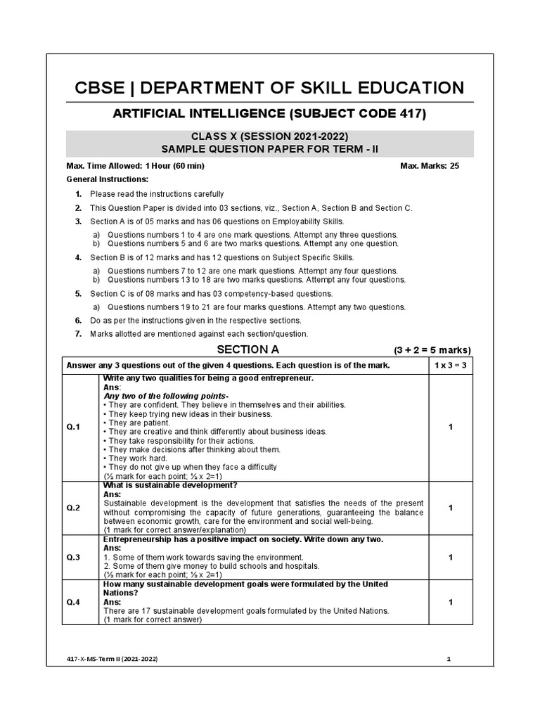 Https:/cbseacademic - Nic.in/web material/Curriculum22/SQP MS X/417 AI M | PDF | Cognition ...