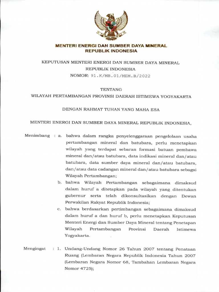 Kepmen ESDM No. 91.K-MB.01-MEM.B-2022 Tentang Wilayah Pertambangan Provinsi DIY | PDF