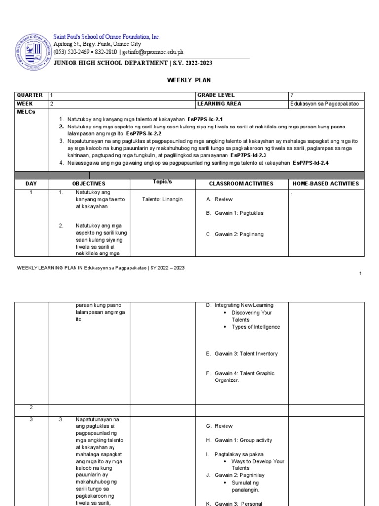 WEEKLY-LEARNING PLAN ESP G7 Week 2 | PDF