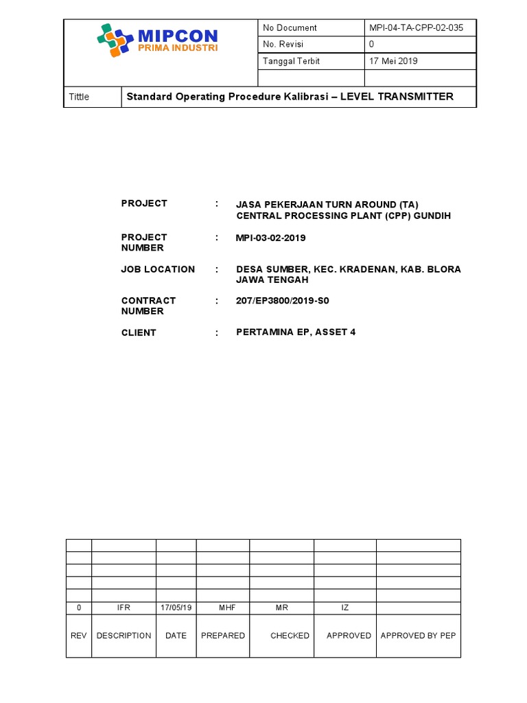 Mpi 04 Ta Cpp 02 035 Procedure Kalibrasi Level Transmitter Pdf