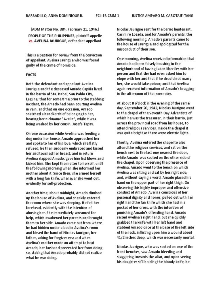 People v. Jaurigue, G.R. No. 384, 21 February 1946 | PDF | Mitigating ...