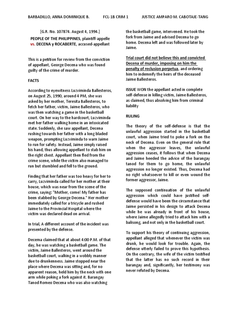 People v. Decena, G.R. No. 107874, 4 August 1994 | PDF | Legal Procedure | Government