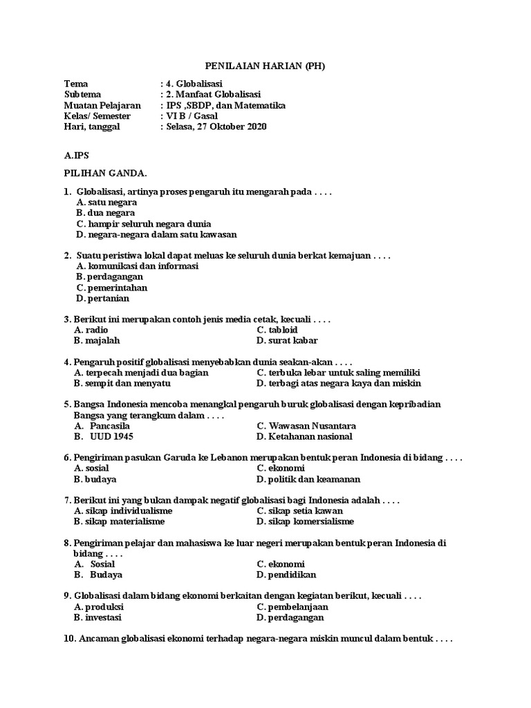 Soal - Ph.tm.4.stm2.ipa, SBDP,&MTK Selasa | PDF