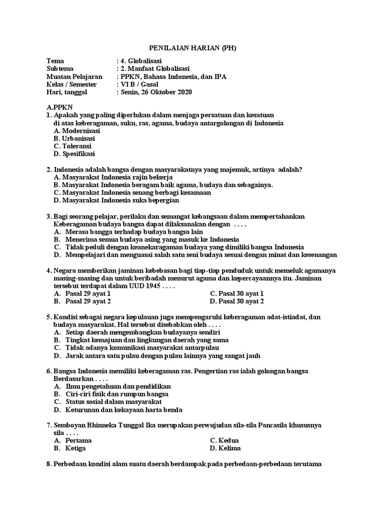 Soal PH - TM.4.STM.2.PPKN, Bi,&ipa | PDF