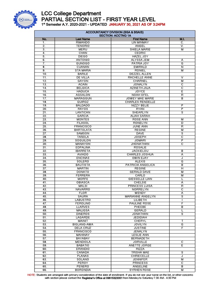First Year Student Section Lists 2020-2021 | PDF