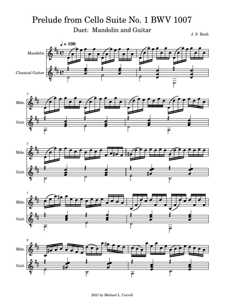 Prelude From Cello Suite No. 1 BWV 1007 Mandolin Guitar | PDF ...