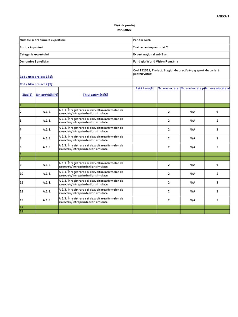 Fisa Pontaj Penoiu Mai | PDF
