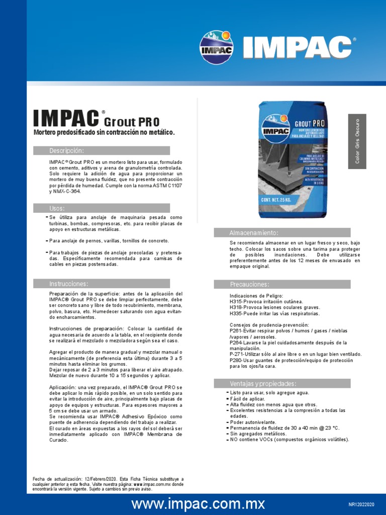 Impac: Grout PRO | PDF | Hormigón | Materiales de construcción