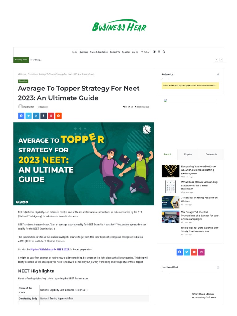 An Ultimate Guide For Average To Topper Strategy For Neet-2023 | PDF