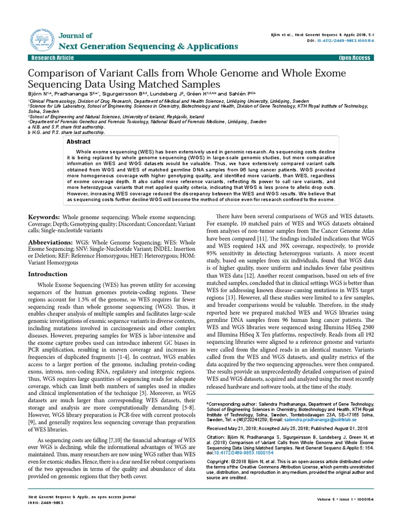 Comparison Of Variant Calls From Whole Genome And Whole Exome