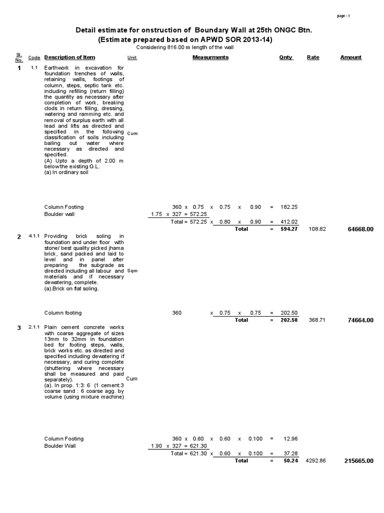 Estimate For Boundary Wall | PDF | Masonry | Concrete