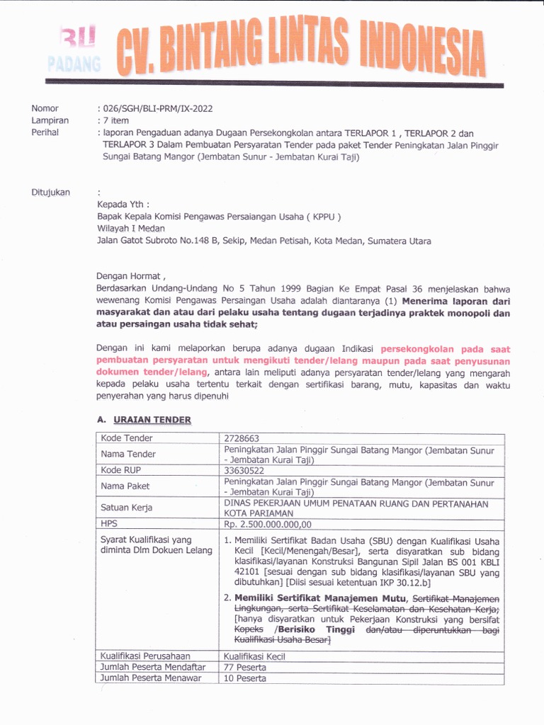 Pengaduan Kppu Medan Jln. BT Mangor | PDF