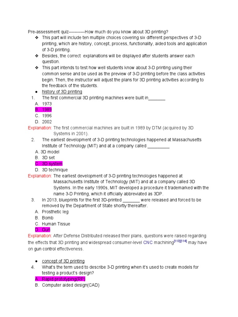 Pre-Assessment of 3Dprinting-Teacher Version | PDF | 3 D Printing ...