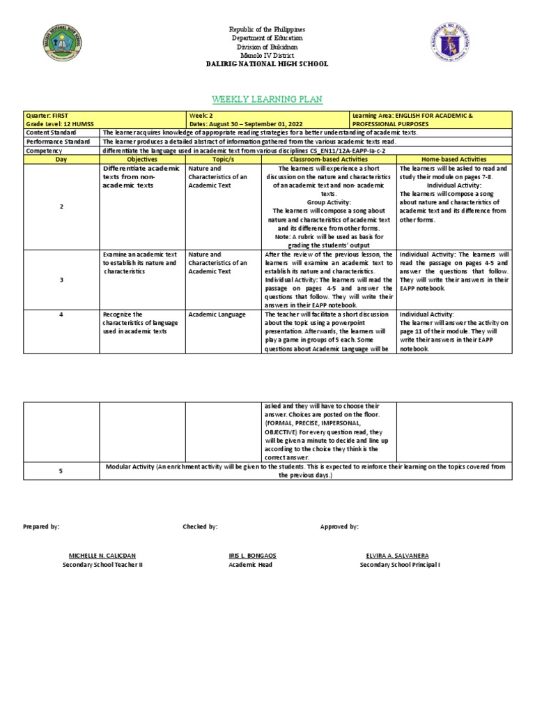 Weekly Learning Plan - Eapp | PDF | Learning | Teaching