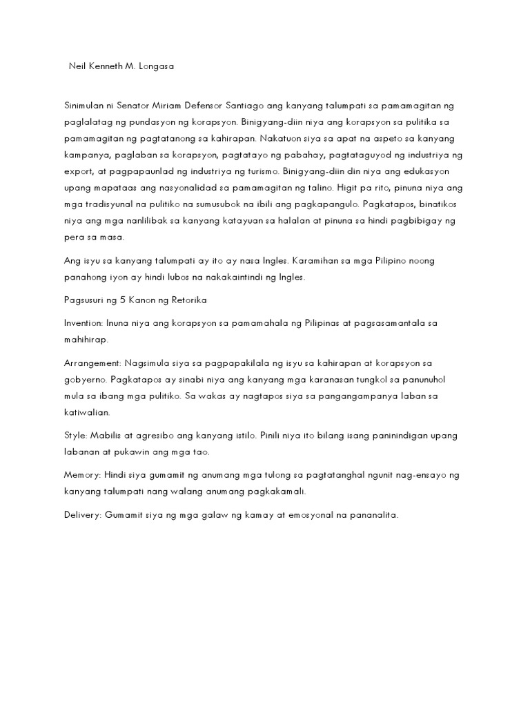 Pagsusuri Sa Presidential Speech Ni Miriam Defensor-Santiago | PDF