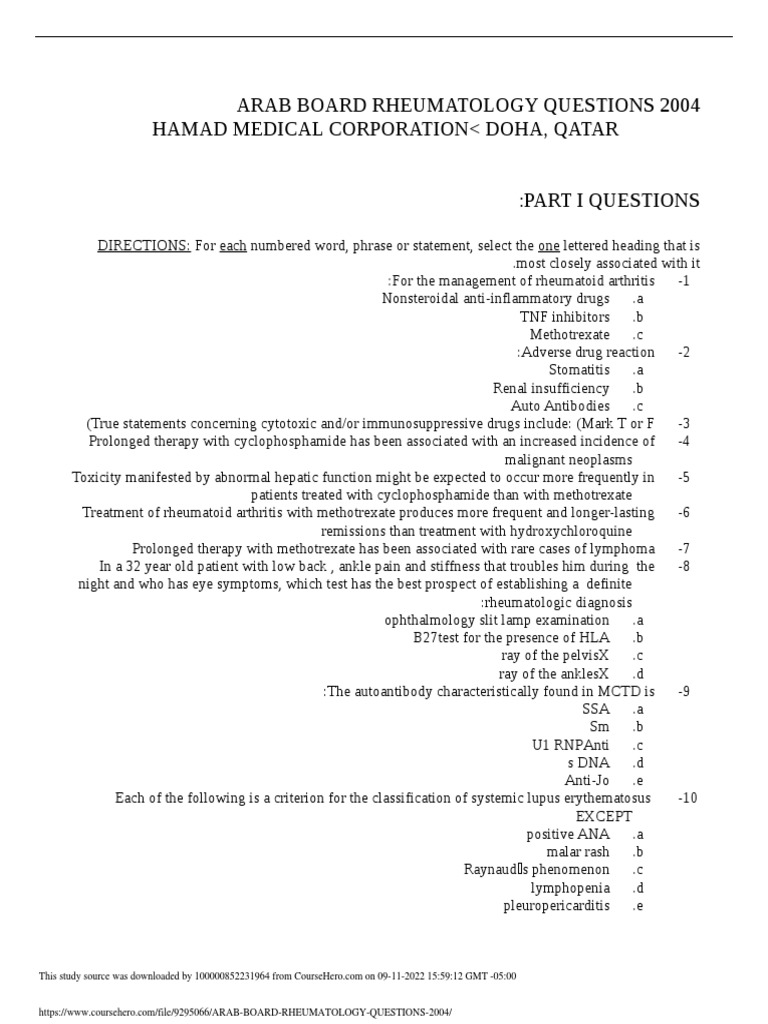 Arab Board Rheumatology Questions 2004 | PDF | Rheumatoid Arthritis ...