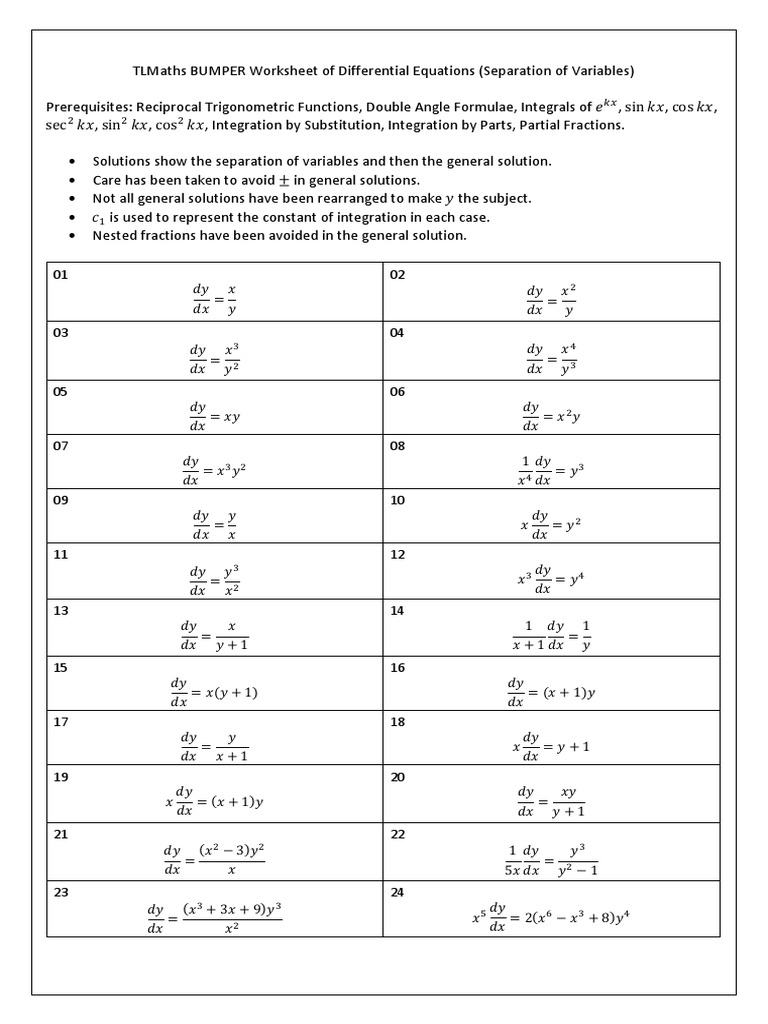 TLMaths BUMPER Worksheet of Differential Equations (Separation of ...