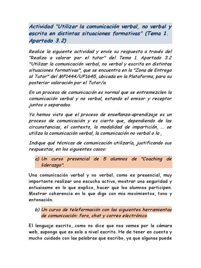 MF 1645 EJERCICIO 6 TEMA 1 (3.2) | PDF | Comunicación | Comunicación no ...