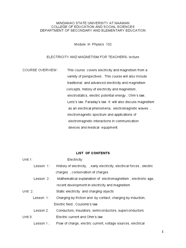 Module On Phy 102 Electricity Aug14 | PDF | Electrical Resistance And Conductance | Electricity