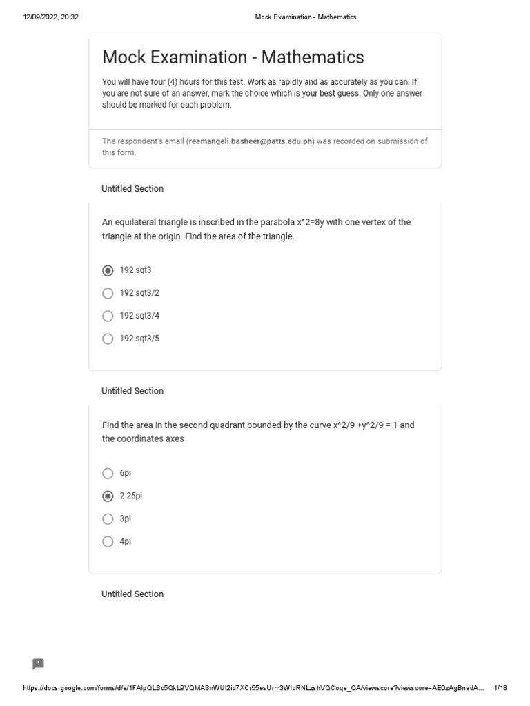 Mock Examination - Mathematics | PDF | Triangle | Area