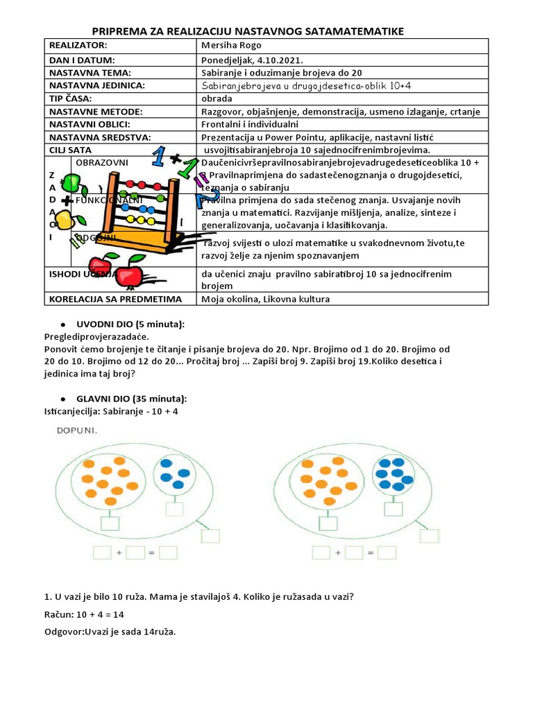 Sabiranje Brojeva U Drugoj Desetici Oblika 10+4 | PDF