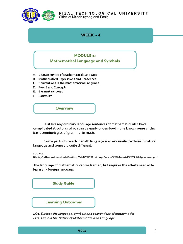 MODULE-2-MATHEMATICAL-LANGUAGE-AND-SYMBOLS (Edited) | PDF | Set (Mathematics) | Logic