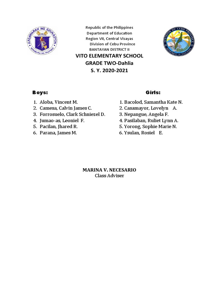 Grade 2 Class List - Vito Elementary | PDF